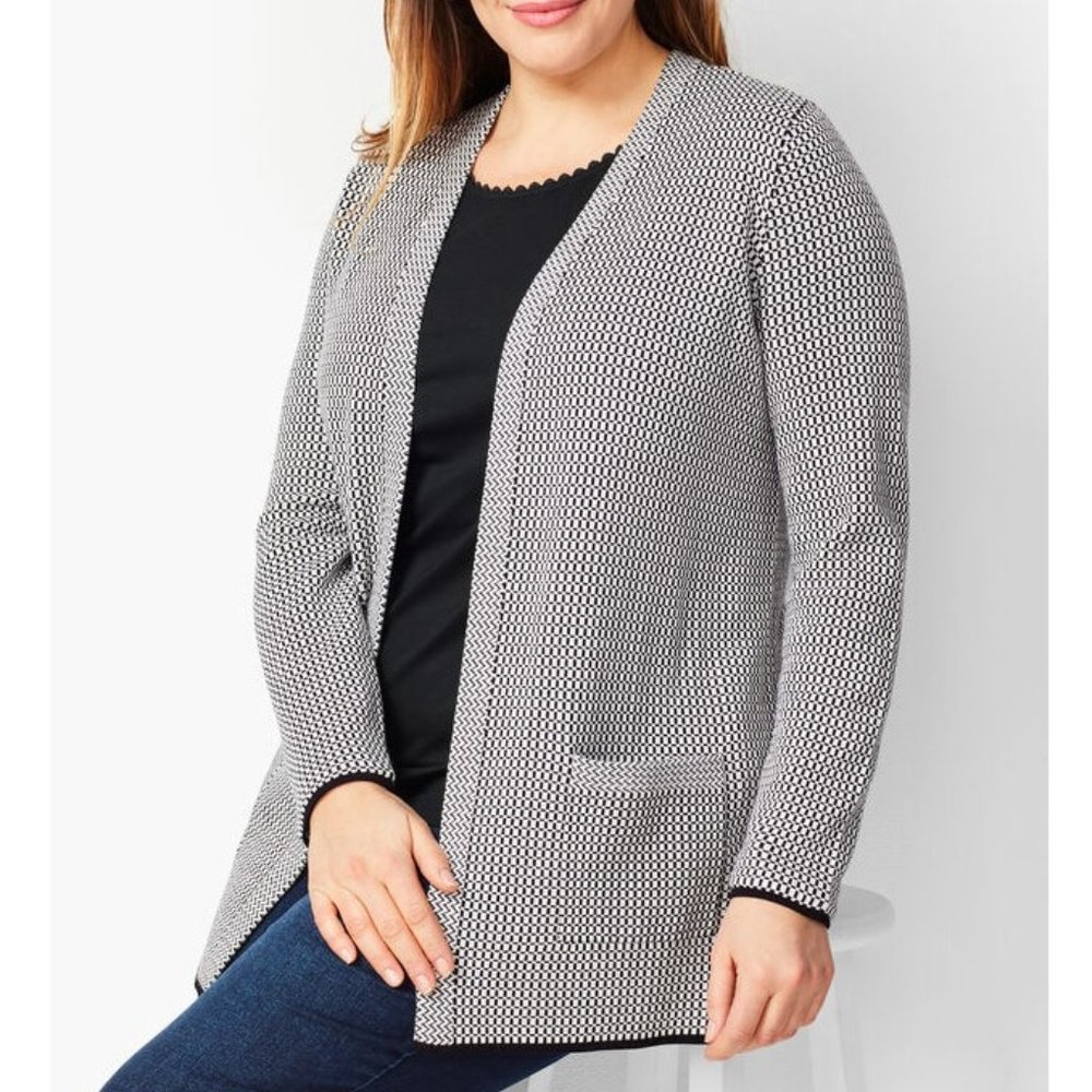 Talbots Plus Mini Jacquard Black And White Open-Front… - Gem